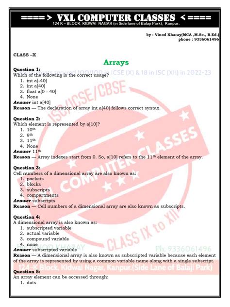 Mcq On Array For Icse Class 10 Pdf Computer Data Computer Programming