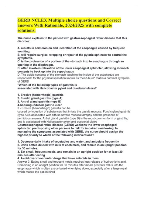 Gerd Nclex Multiple Choice Questions And Correct Answers With Rationale
