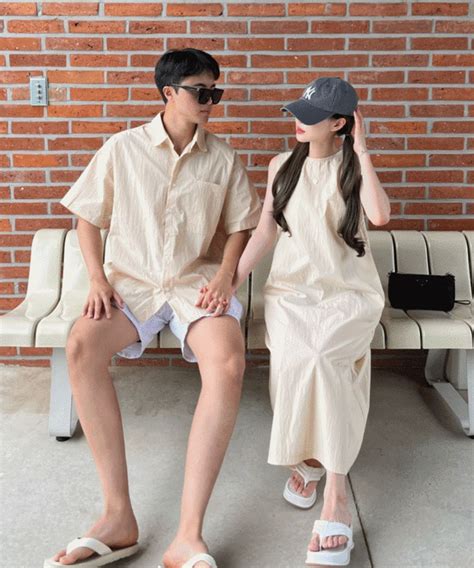 여름커플룩강추4color시원한소재 코튼 반팔 와이셔츠 스트랩 나시 롱 뒷트임 원피스 세트 휴가룩 커플룩 시밀러룩 여행룩