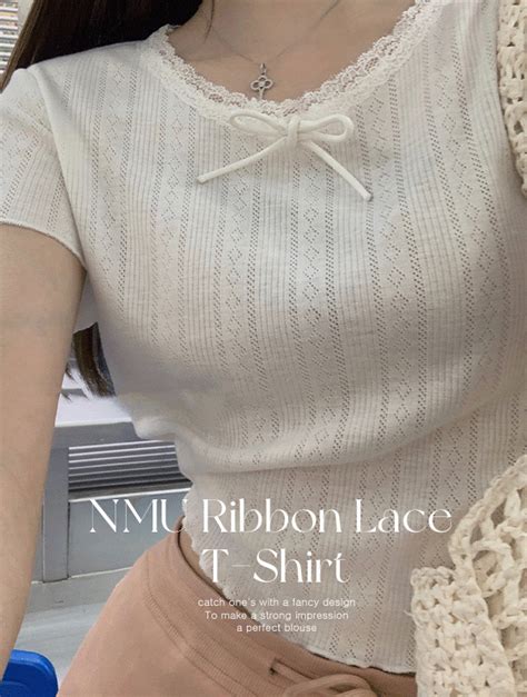 [summer🌴] 엔뮤 리본 레이스 티셔츠 여름 반팔 라운드 크롭 숏 슬림핏 이너 펀칭 셔링 기본 베이직 에이블리