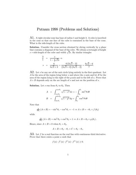 Putnam 1998 Problems And Solutions