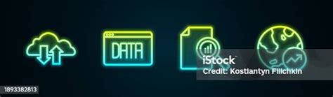 클라우드 다운로드 및 업로드 데이터 분석 그래프 차트가 있는 문서 및 재무 성장을 설정합니다 빛나는 네온 아이콘입니다 벡터 개념에 대한 스톡 벡터 아트 및 기타 이미지
