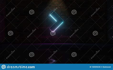 3d Rendering Of Blue Violet Neon Symbol Of Angle Right Icon On Brick Wall Stock Illustration