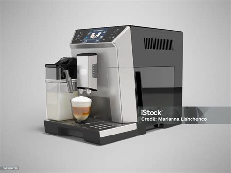 그림자가 있는 회색 배경에 격리된 다른 음료를 만들기 위한 터치 스크린이 있는 자동 커피 머신의 3d 그림 0명에 대한 스톡 사진 및 기타 이미지 Istock