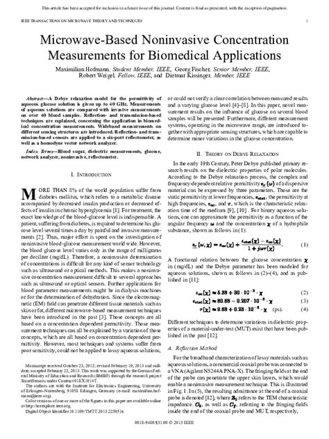 Pdf Microwave Based Noninvasive Concentration Measurements For Biomedical Applications Georg
