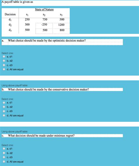 solved a payoff table is given as what choice should be