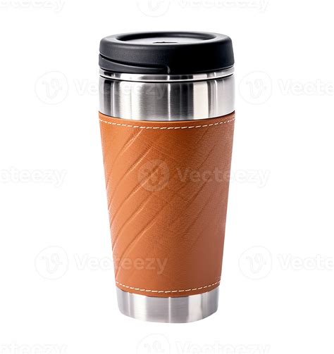 A Stainless Steel Travel Mug With A Leather Cover 52534157 Png