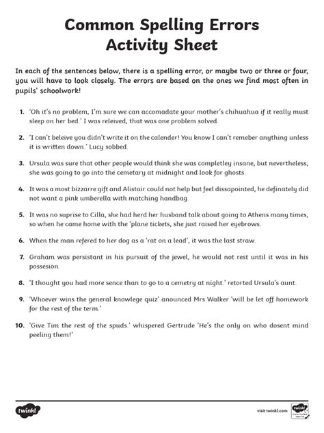 Common Spelling Errors Worksheet 1 Pdf