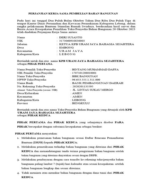 Perjanjian Kerja Sama Pembelian Bahan Bangunan Uram Jaya Pdf