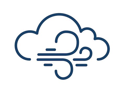 흰색 배경에 격리된 구름과 부는 바람의 곡선이 있는 라인 아트 스타일의 바람이 부는 날씨의 추상적인 간단한 아이콘입니다 선형