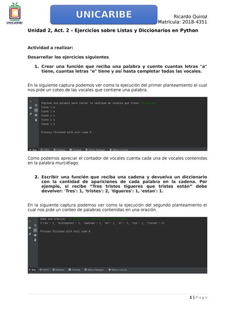 Quiroz Ricardo Ejercicios Sobre Listas Y Diccionarios En Python Act2 Ricardo Quiroz Matrícula