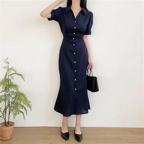 샌느 머메이드 카라 셔츠 데이트룩 하객룩 여름 반팔 롱 원피스 2color 빈야드