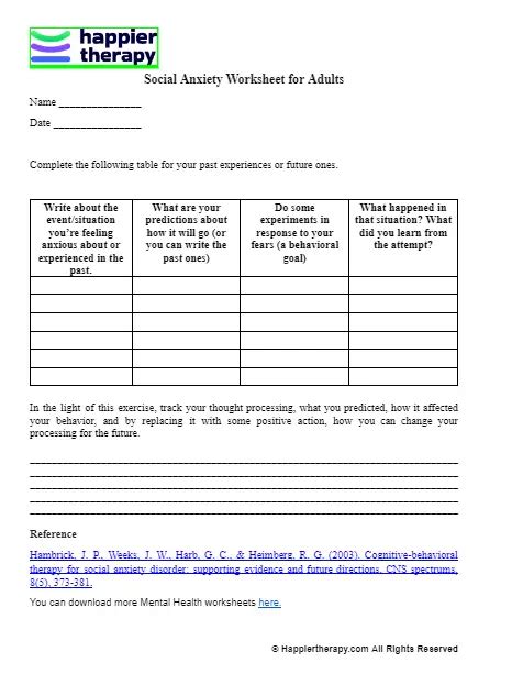 Social Anxiety Worksheet For Adults Happiertherapy