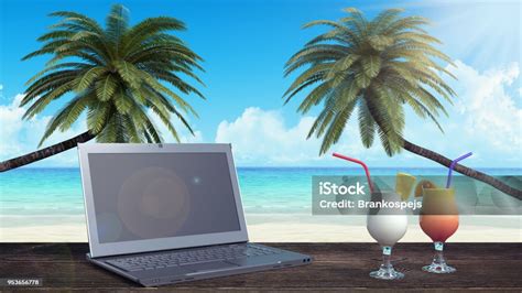 노트북과 칵테일 야외 여름 사무실 3d 렌더링 개념에 대한 스톡 사진 및 기타 이미지 개념 관광 금융 Istock