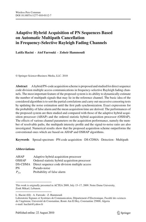 Pdf Adaptive Hybrid Acquisition Of Pn Sequences Based On Automatic Multipath Cancellation In