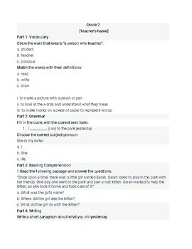 Grade 2 English Test Grammar Reading Writing By Sarah Dwarka