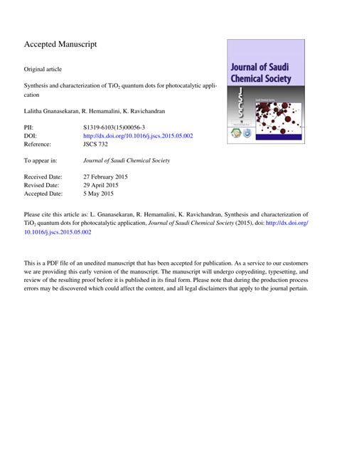 Pdf Synthesis And Characterization Of Tio2 Quantum Dots For Photocatalytic Application