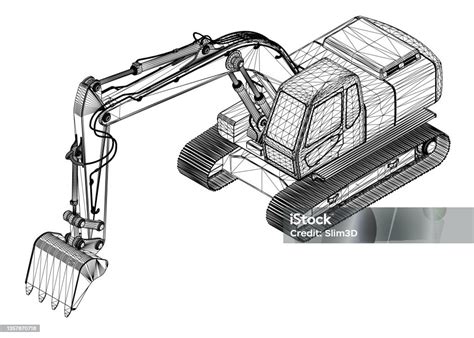 흰색 배경에 격리 된 검은 색 선에서 굴삭기 와이어 프레임 등등 측정 보기 6dk 벡터 일러스트레이션 유압 플랫폼에 대한 스톡 벡터 아트 및 기타 이미지 Istock