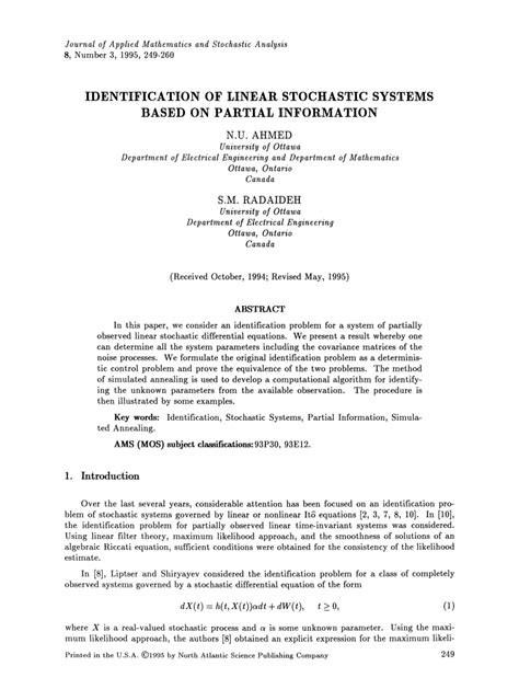 Pdf Identification Of Linear Stochastic Systems Based On Partial