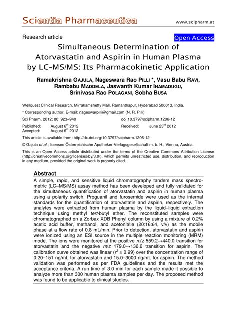 Pdf Simultaneous Determination Of Atorvastatin And Aspirin In Human