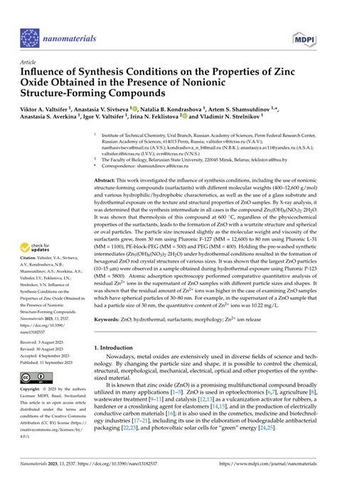 Pdf Influence Of Synthesis Conditions On The Properties Of Zinc Oxide