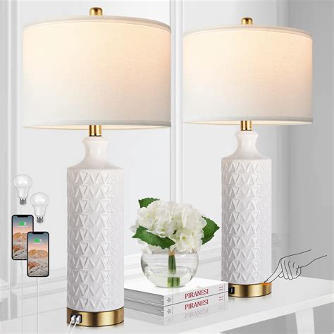 Touch Control Table Lamp Set Of 2 Modern Contemporary Ceramic Bedside Lamps With 2 USB Ports 3