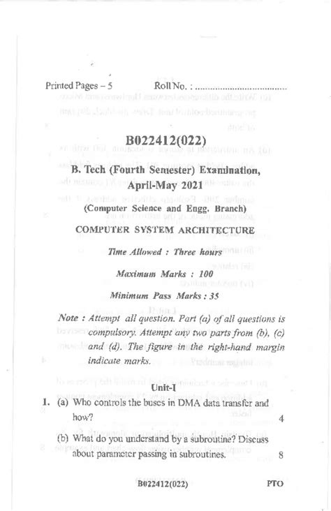 Btech Cse 4 Sem Computer System Architecture B022412 May 2021 Btech