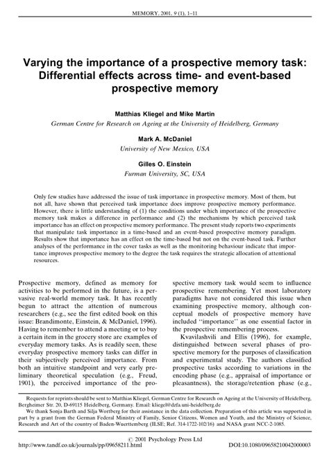 Pdf Varying The Importance Of A Prospective Memory Task Differential