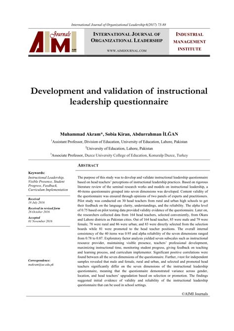 Pdf Development And Validation Of Instructional Leadership Questionnaire
