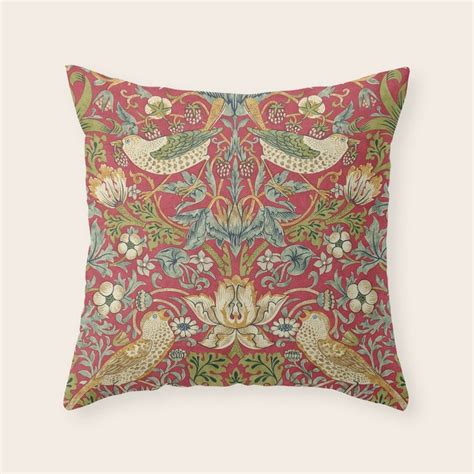 William Morris Vintage Strawberry Thief Red Crimson Slate Throw Pillow