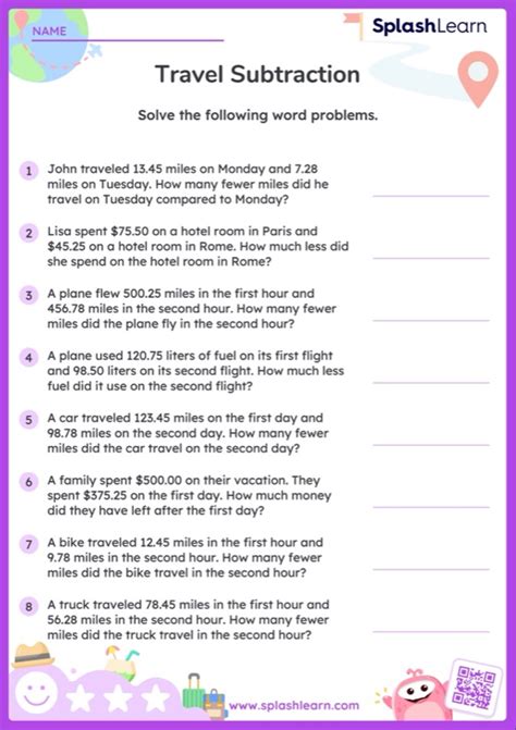 Subtract Decimal Numbers With Upto 2 Decimal Place Travel Word Problems — Printable Math Worksheet