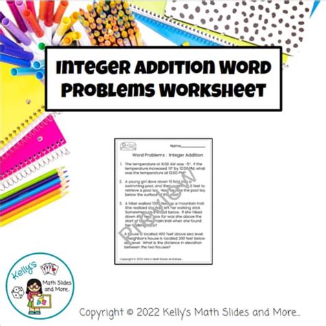 Integer Addition Word Problems Printable Worksheet Tpt