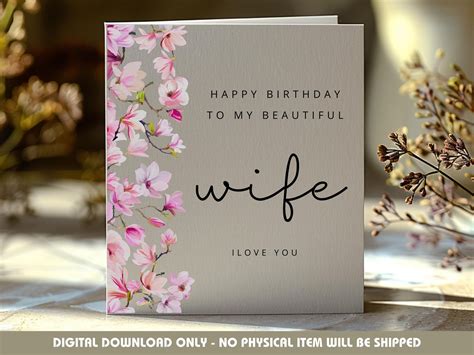 Printable Wife Birthday Card With Pink Floral Design Digital Download