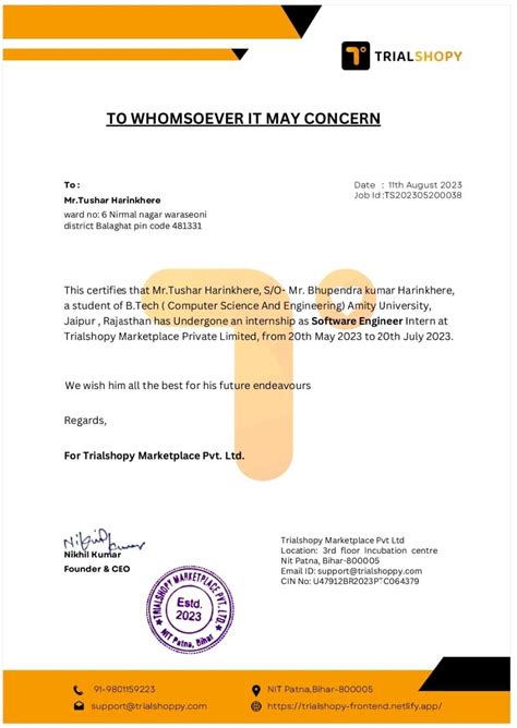 Tushar Harinkhere On Linkedin Internshipaccomplishment Softwareengineering Trailshopypvtltd