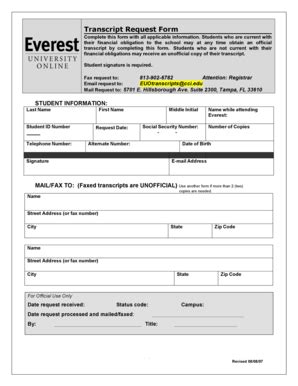 Fillable Online EVP Official Transcript Request Form Fax Email Print PdfFiller
