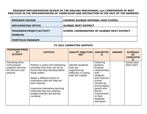 Araling Panlipunan Program Implementation Program Implementation