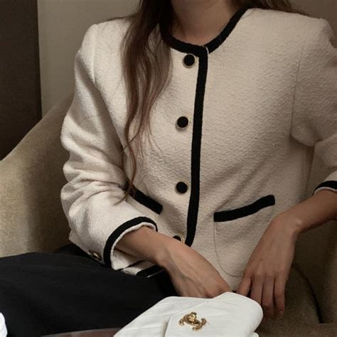 이너프 에이블 콤비 배색 트위드 자켓