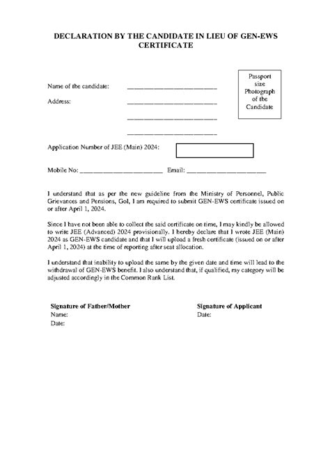Declaration By The Candidate In Lieu Of Gen Ews Certificate Declaration By The Candidate In