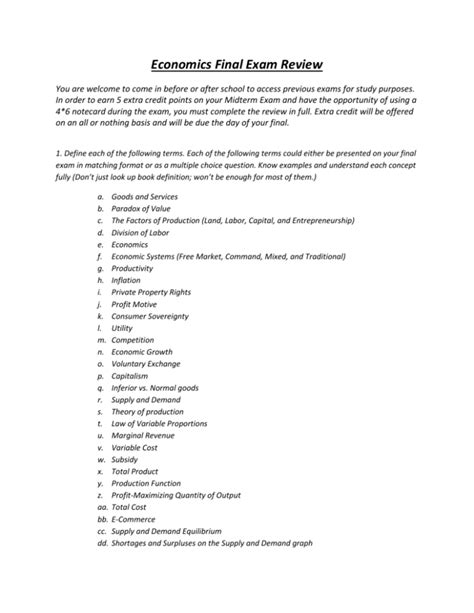 Economics Final Exam Review Key Concepts Terms