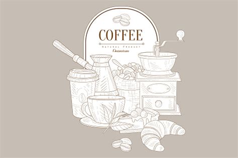 손으로 그린 커피와 달콤한 디저트의 벡터 디자인 컵 볶은 콩 터크 커피 밀의 가방 카페 프로 모션 포스터 또는 배너의 저장소에 대 한 스케치 0명에 대한 스톡 벡터 아트 및