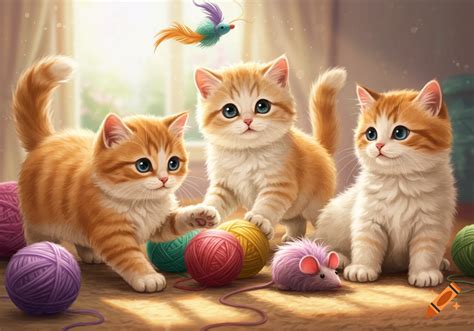 Three Fluffy Kittens Play With Colorful Yarn Balls And A Mouse Toy On