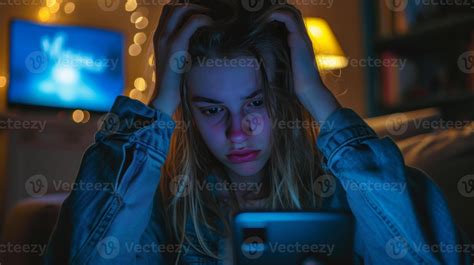 Ai Generated Stress Woman Staring At Smartphone With Impact Of Cyberbullying 38578113 Stock