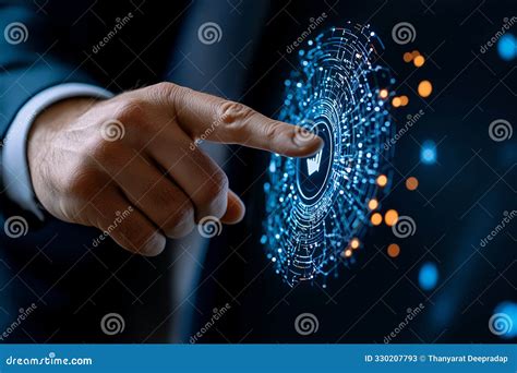 Hand Touching Digital Interface With Futuristic Icons Representing Data Transformation And