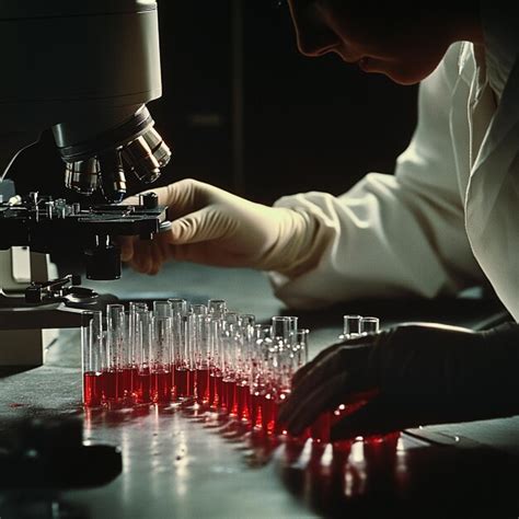 A Forensic Scientist Examining A Blood Sample Under A Microscope