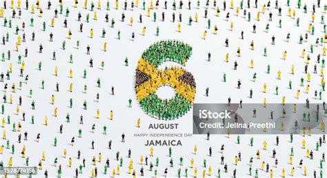 자메이카의 독립 기념일을 축하합니다 자메이카가 8월 6일 독립기념일을 기념함에 따라 많은 사람들이 숫자 6을 만들기 위해 모입니다 벡터 그림입니다 1962년에 대한 스톡