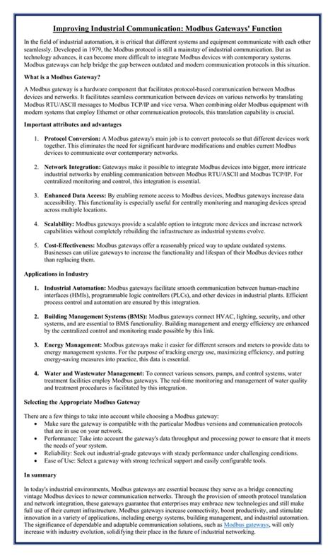 Improving Industrial Communication Modbus Gateways Function Pdf
