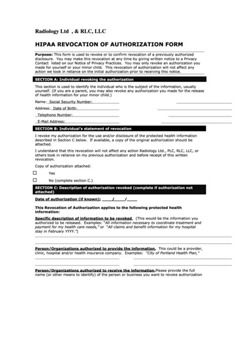Hipaa Revocation Of Authorization Form Printable Pdf Download