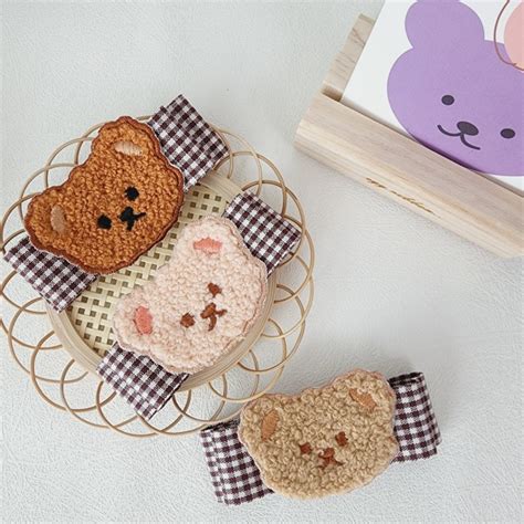 뽀글이 곰돌이 체크 리본 집게핀 핸드메이드 머리핀 아이디어스