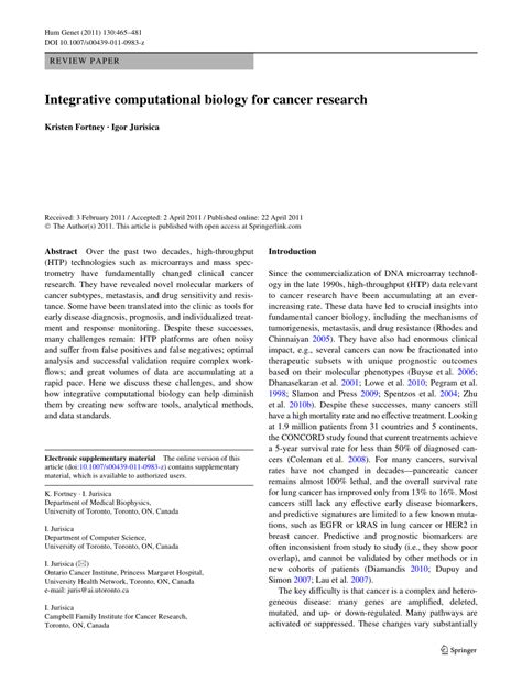 Pdf Integrative Computational Biology For Cancer Research