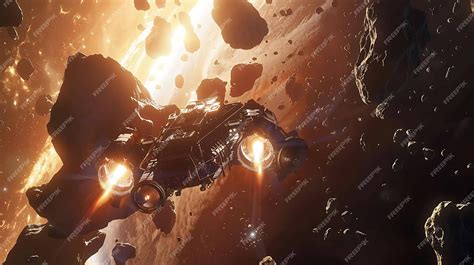 Premium Photo Spaceship Flies Through An Asteroid Belt The Ship Is